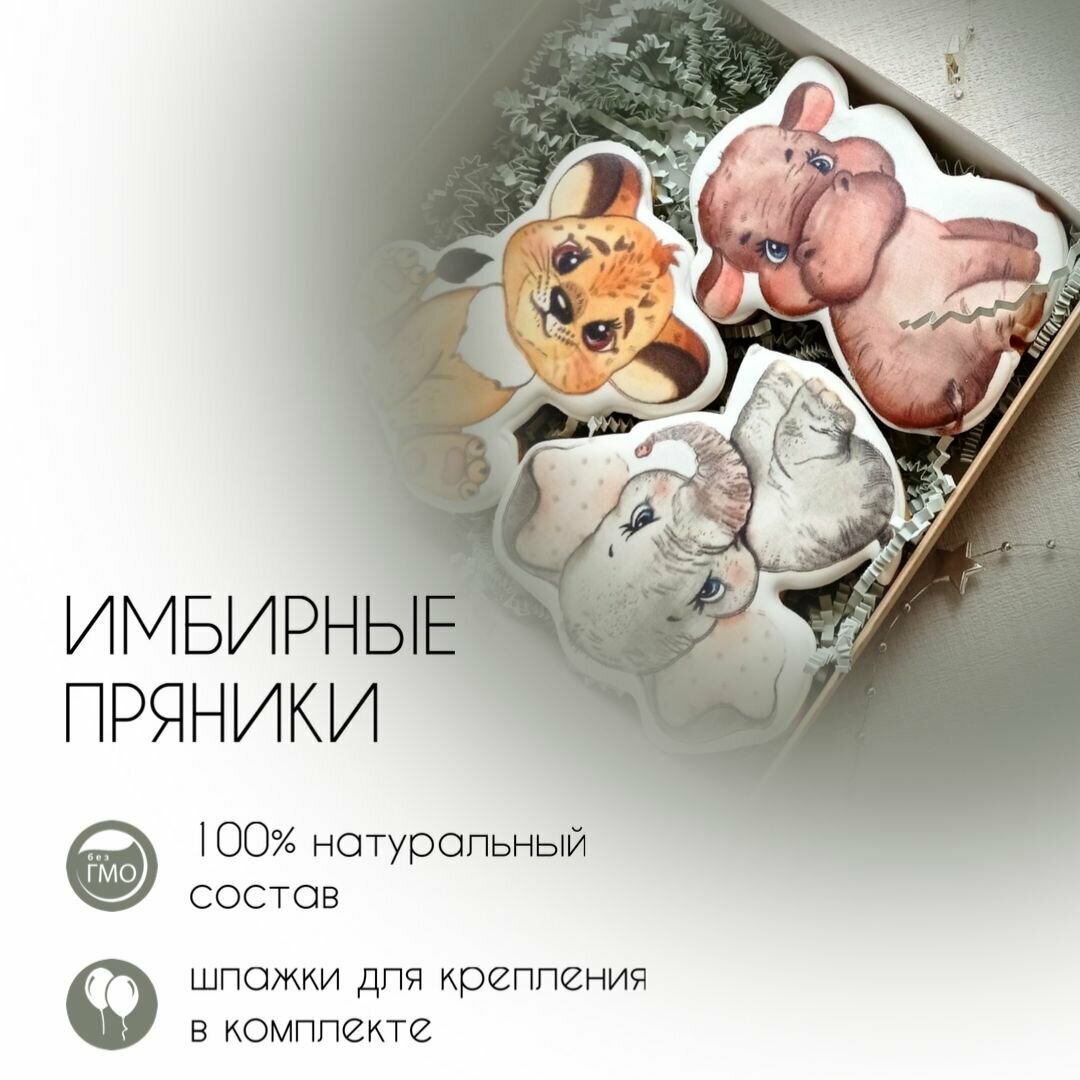 Набор имбирных пряников для торта 3 шт Сафари ( Лев, Слон, Бегемот)