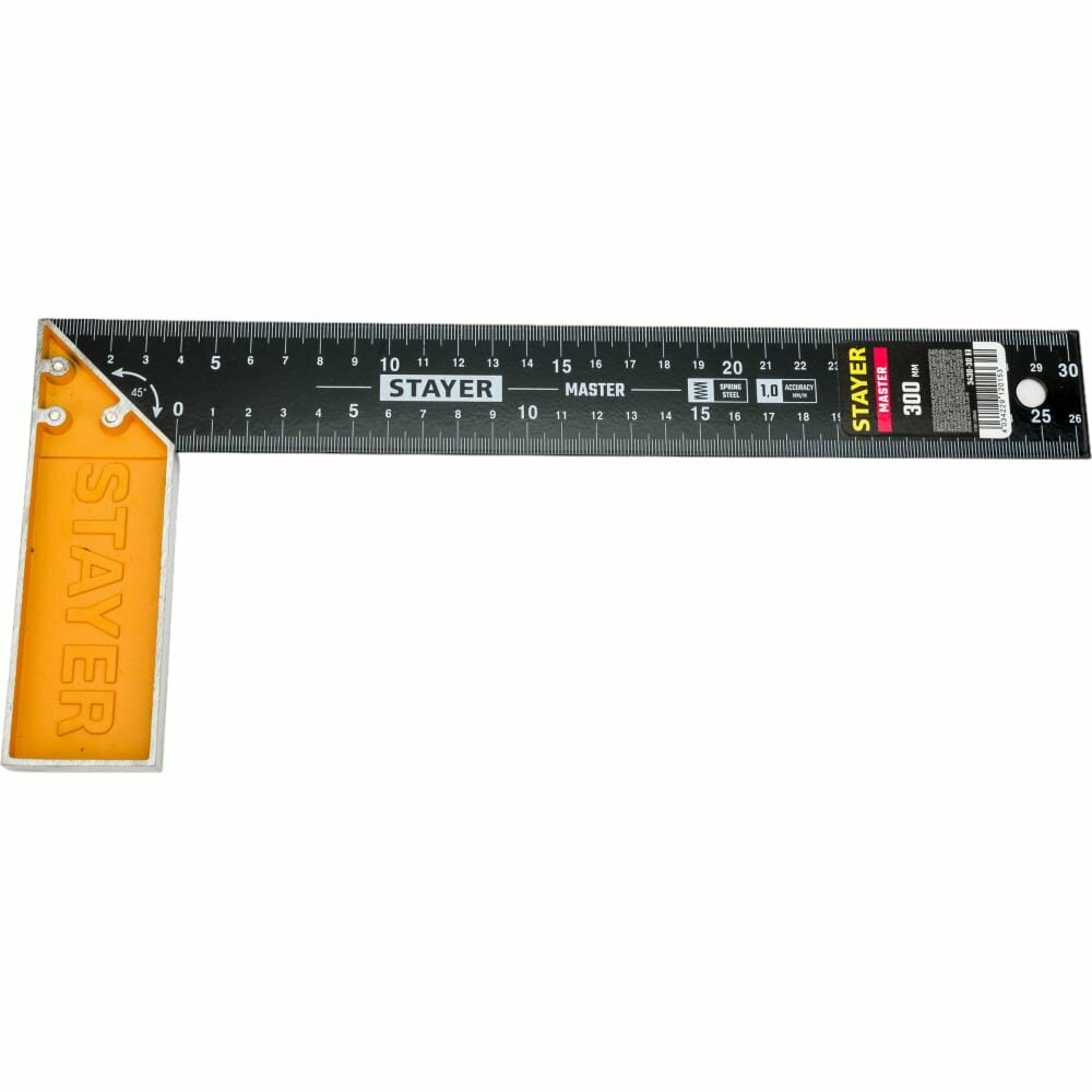 Столярный угольник STAYER 300 мм со стальным полотном, полупрофессиональный, двусторонняя шкала, угол 45 градусов