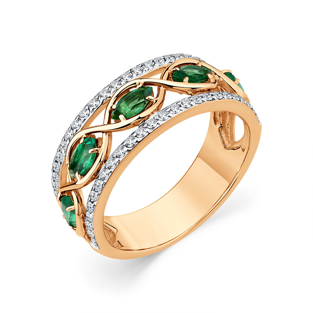 Кольцо, красное золото, 585 проба, изумруд, бриллиант