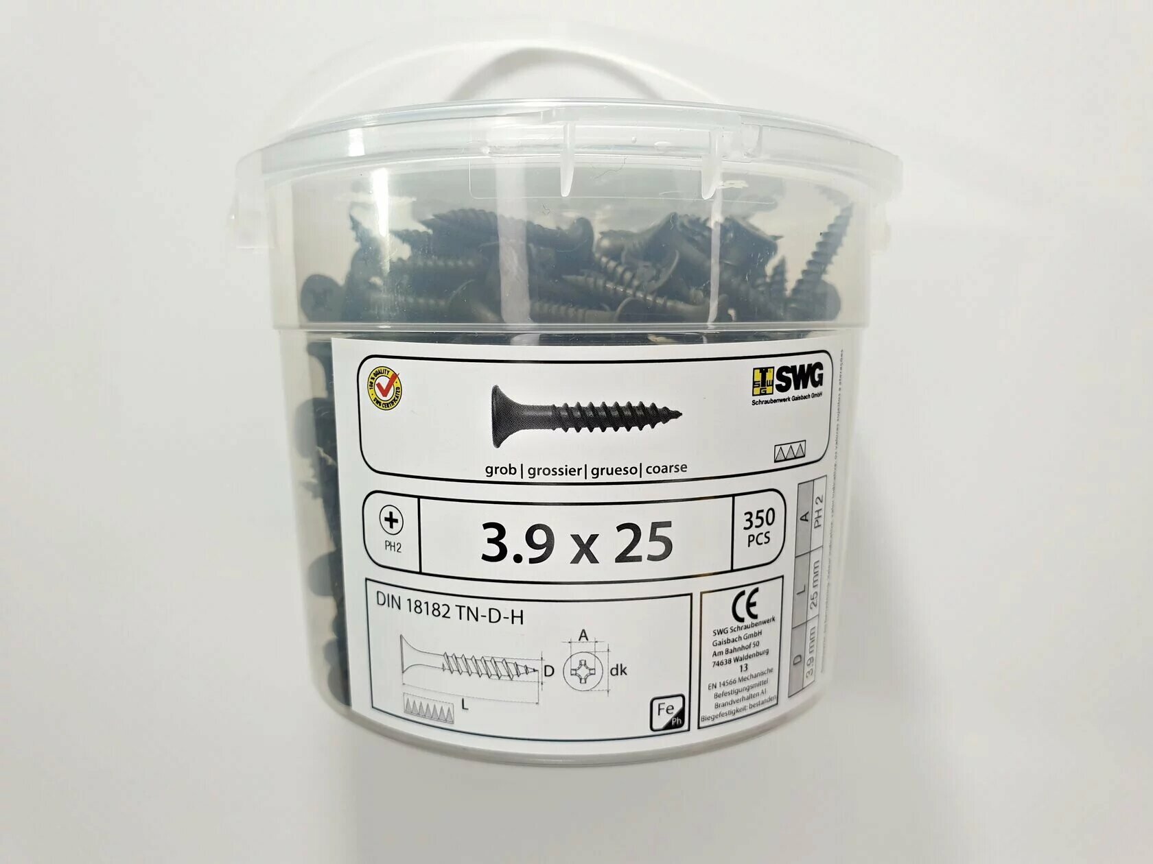 Саморез DIN 18182 Тип TN-D-H (без бура) 3.9x25 350 pcs SWG, Германия