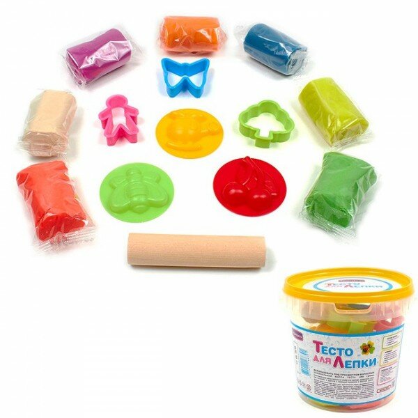 Тесто для лепки Ляпсик 7 цветов, 6 формочек, скалка, в ведре (П107)