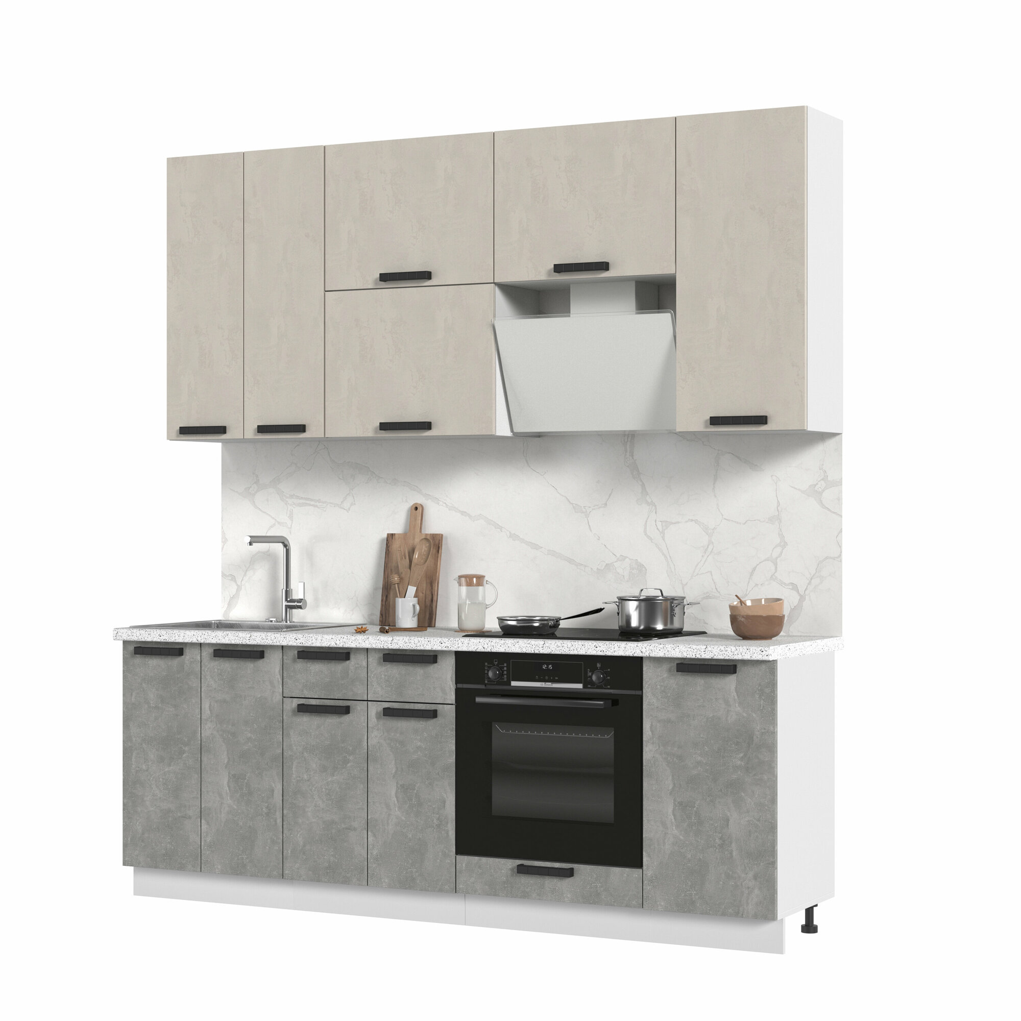 Кухонный гарнитур высокий, без столешницы, Кухня Пасаденна 220 см, h=2370мм, Белый / Шелковый камень, Ателье Светлое