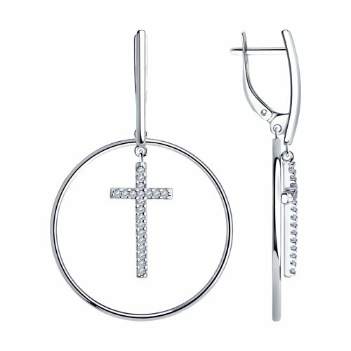 Серьги с подвесками, серебро, 925 проба, родирование, фианит