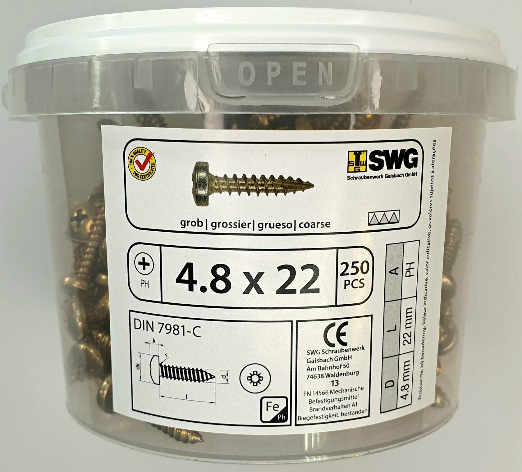 Саморез по металлу DIN 7981-C 4.8x22 (250 pcs) SWG, Германия