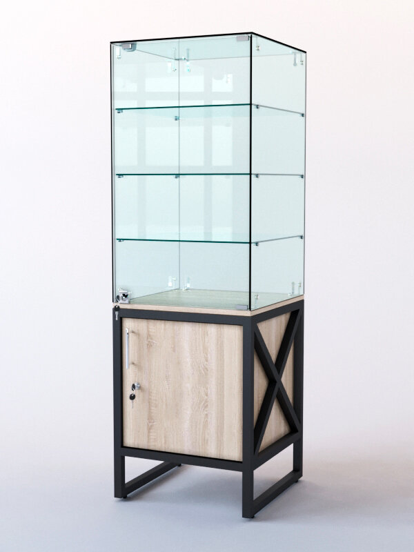 Витрина стеклянная "лофт стиль" островная №326 (с дверкой, фасад -стекло), Дуб Сонома