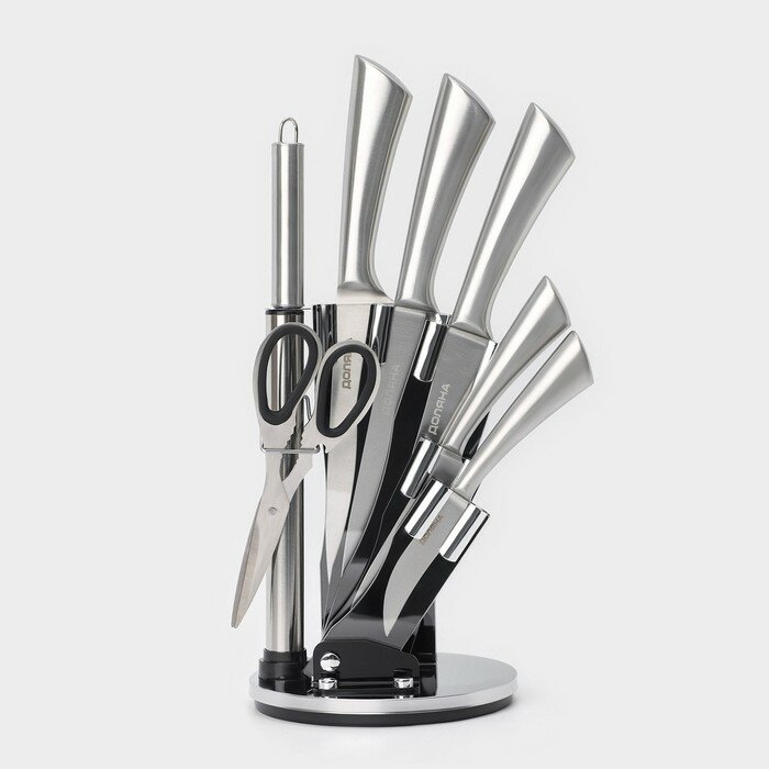 Набор ножей кухонных на подставке Ardone, 7 предметов: 5 ножей, мусат и ножницы, цвет хромированный