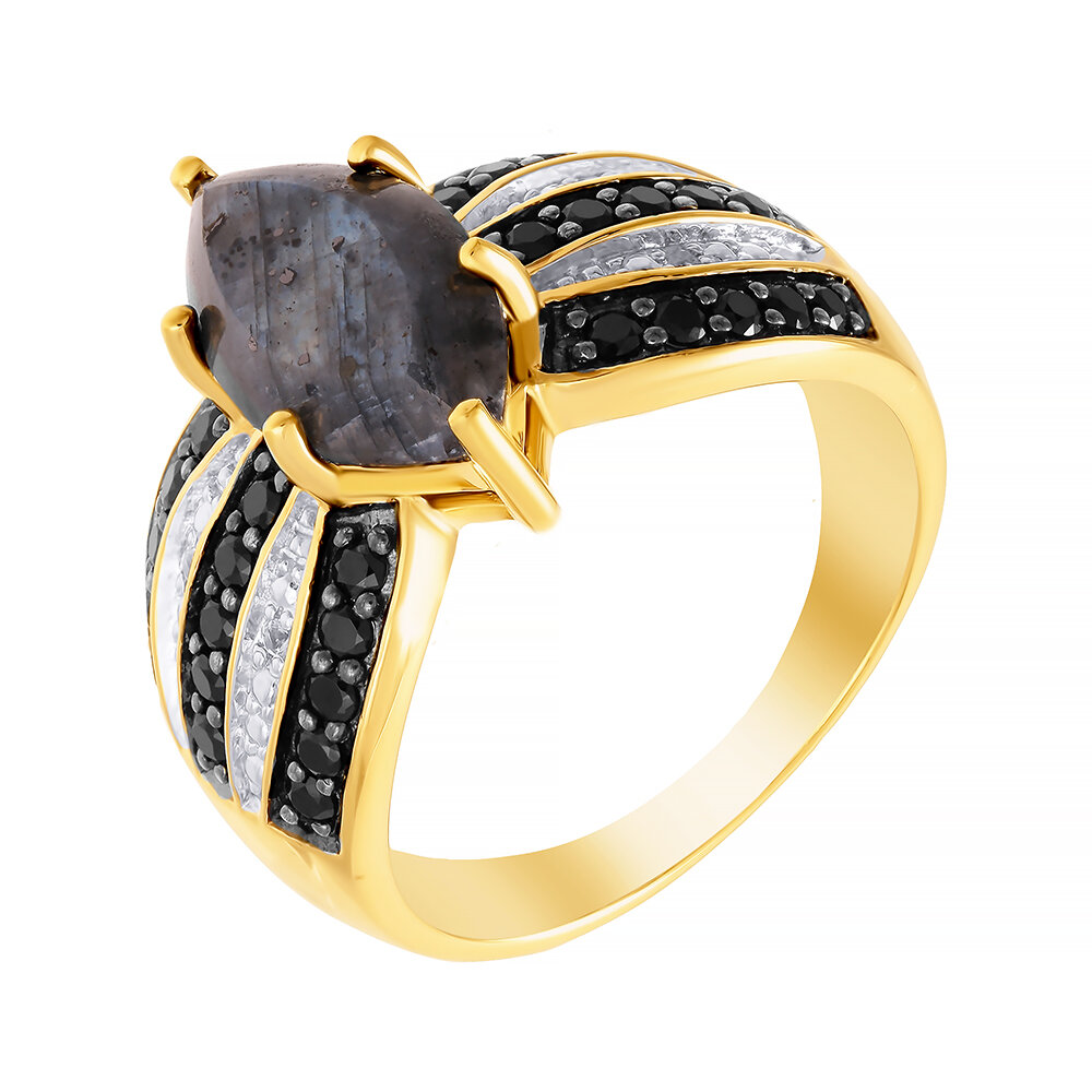 Перстень, серебро, 925 проба, золочение, родирование, циркон, малахит, раухтопаз