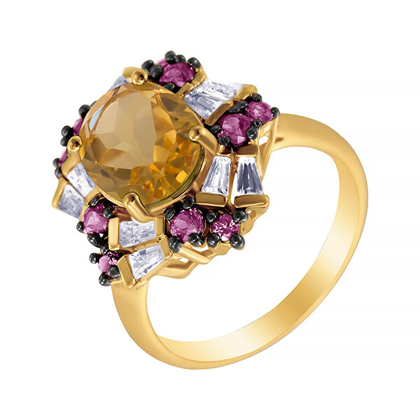 Кольцо, серебро, 925 проба, топаз, цитрин, родолит