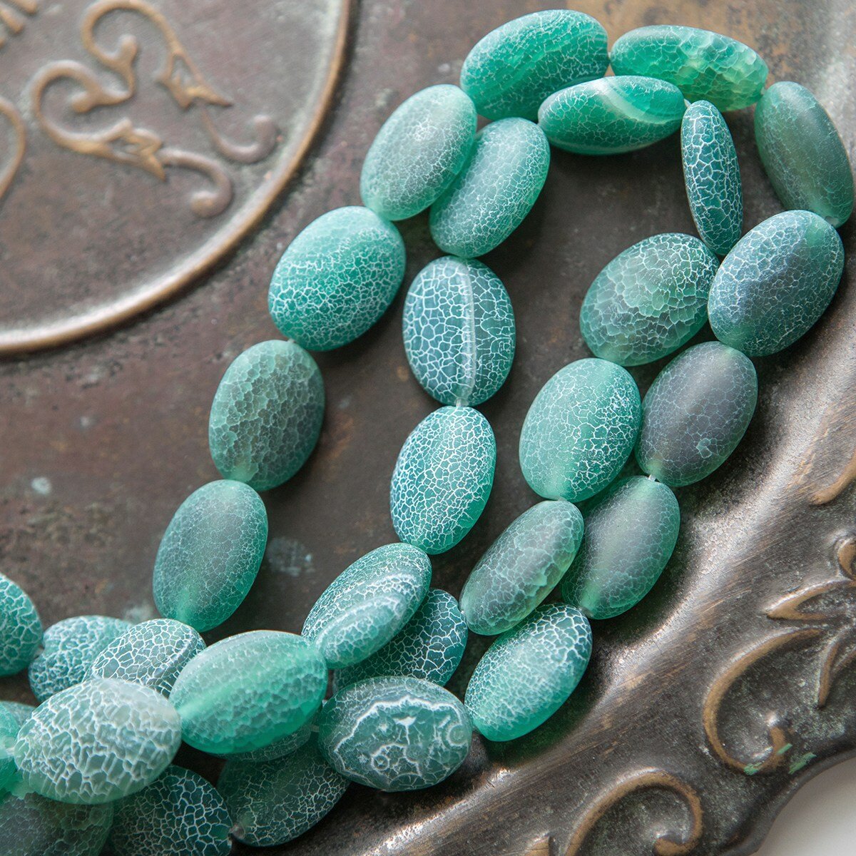 Агат Бусины натуральные 5 шт, овальная плоская, цвет изумрудный кракелюр, размер 17-18x12-13x5 мм