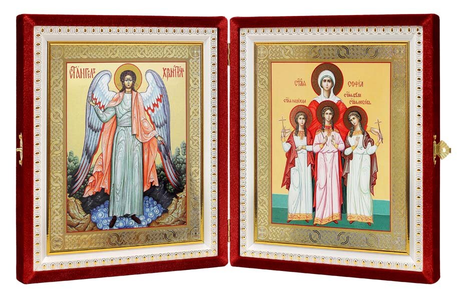 Складень именной "Мученицы Вера, Надежда, Любовь и мать их София (лик № 026) - Ангел Хранитель (лик № 055)", размер ликов 15*18 см