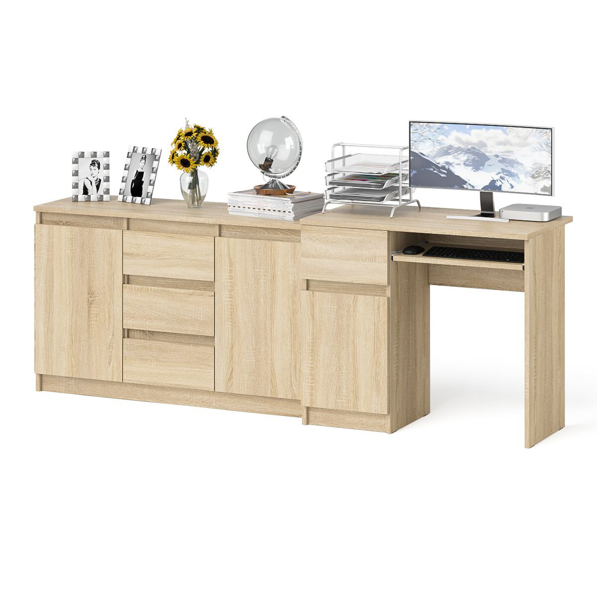 Комод-тумба СВК Мори МК1200 3 ящика и две дверки со столом компьютерным левым цвет дуб сонома, 210,4х50х76,6 см.