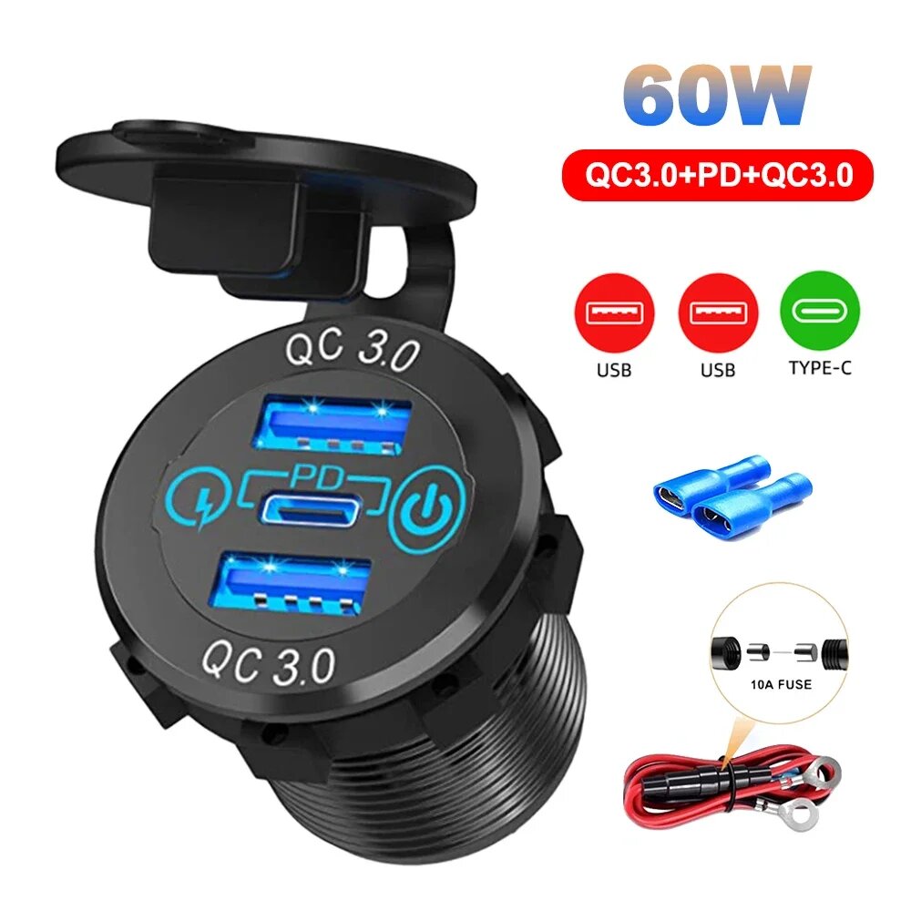 60 Вт 12 В/24 В розетка USB C автомобильное зарядное устройство гнездо прикуриватель PD и 18 Вт Blue