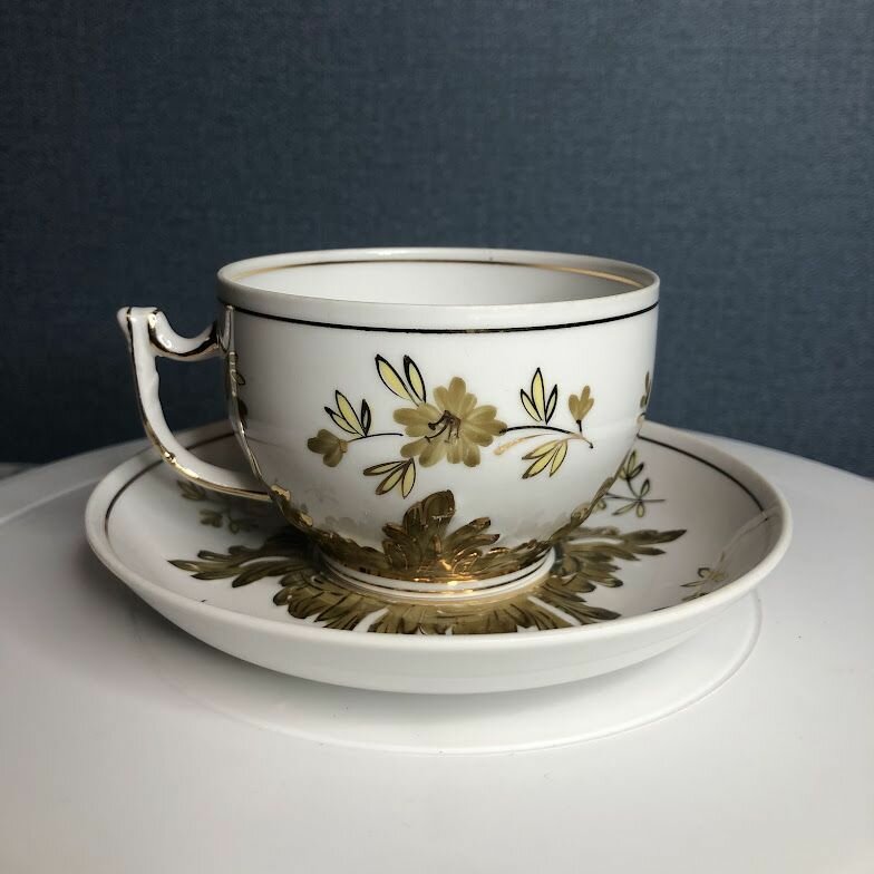Чайная пара винтажная, Вербилки СССР "золотой барбарис", фарфор, живопись, позолота. Редкость!