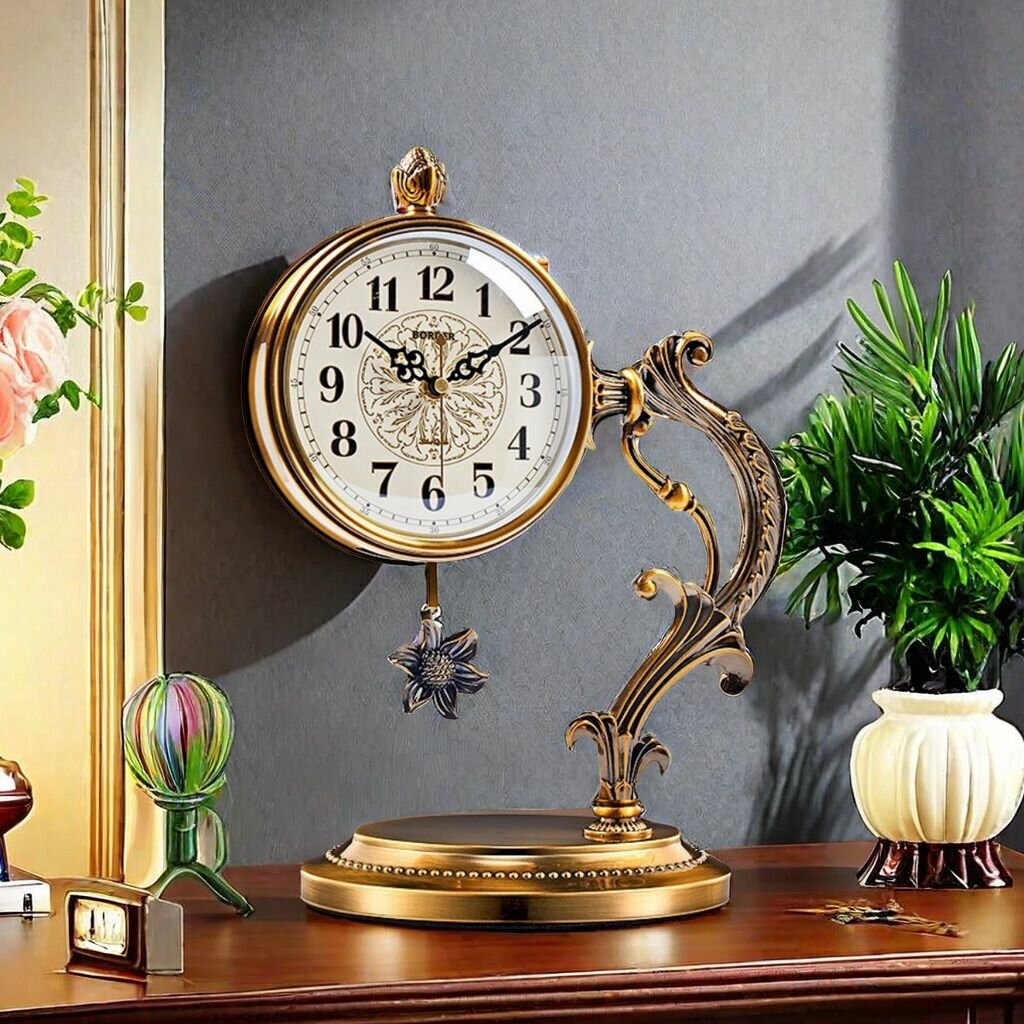 Настольные каминные часы, Старинный европейский стиль, с маятником, бесшумный, Сплав с медным покрытием, циферблат с принтом, кварцевый механизм