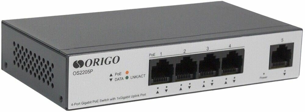 Неуправляемый PoE-коммутатор ORIGO OS2205P/60W, 4x1000Base-T PoE+, 1x1000Base-T, PoE-бюджет 60 Вт