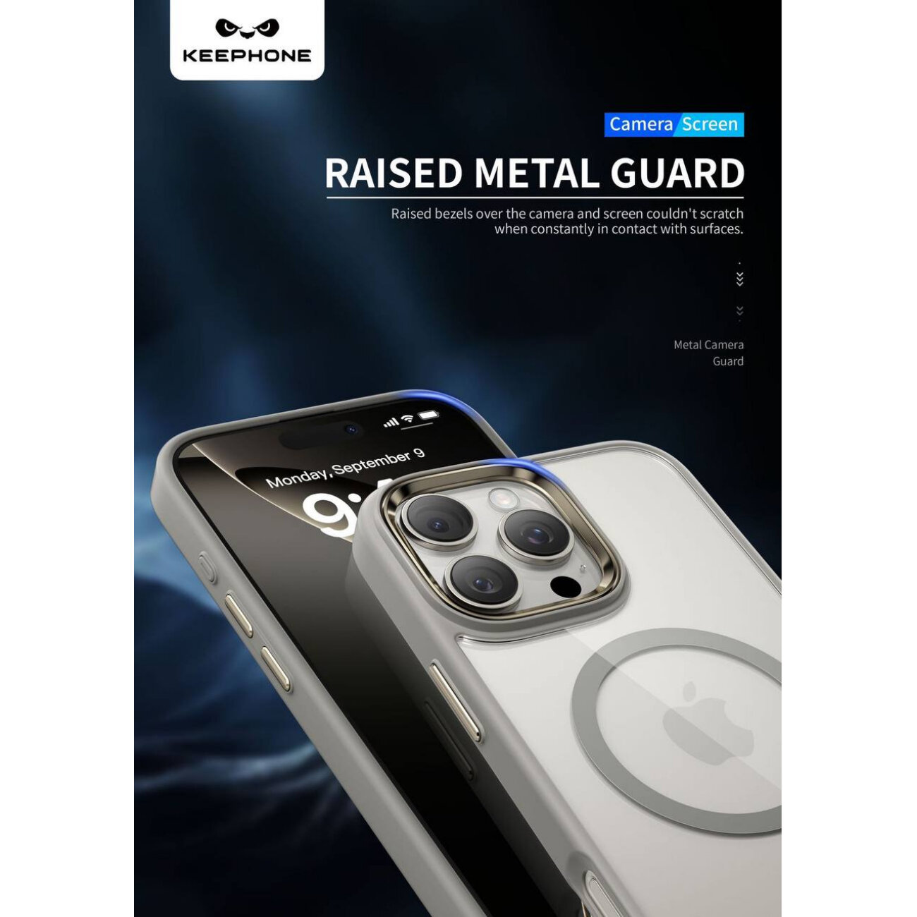 Чехол с МагСейф для Айфон 16 Про Макс KEEPHONE Armor Grip ударопрочный с мелаллической рамкой - Титановый