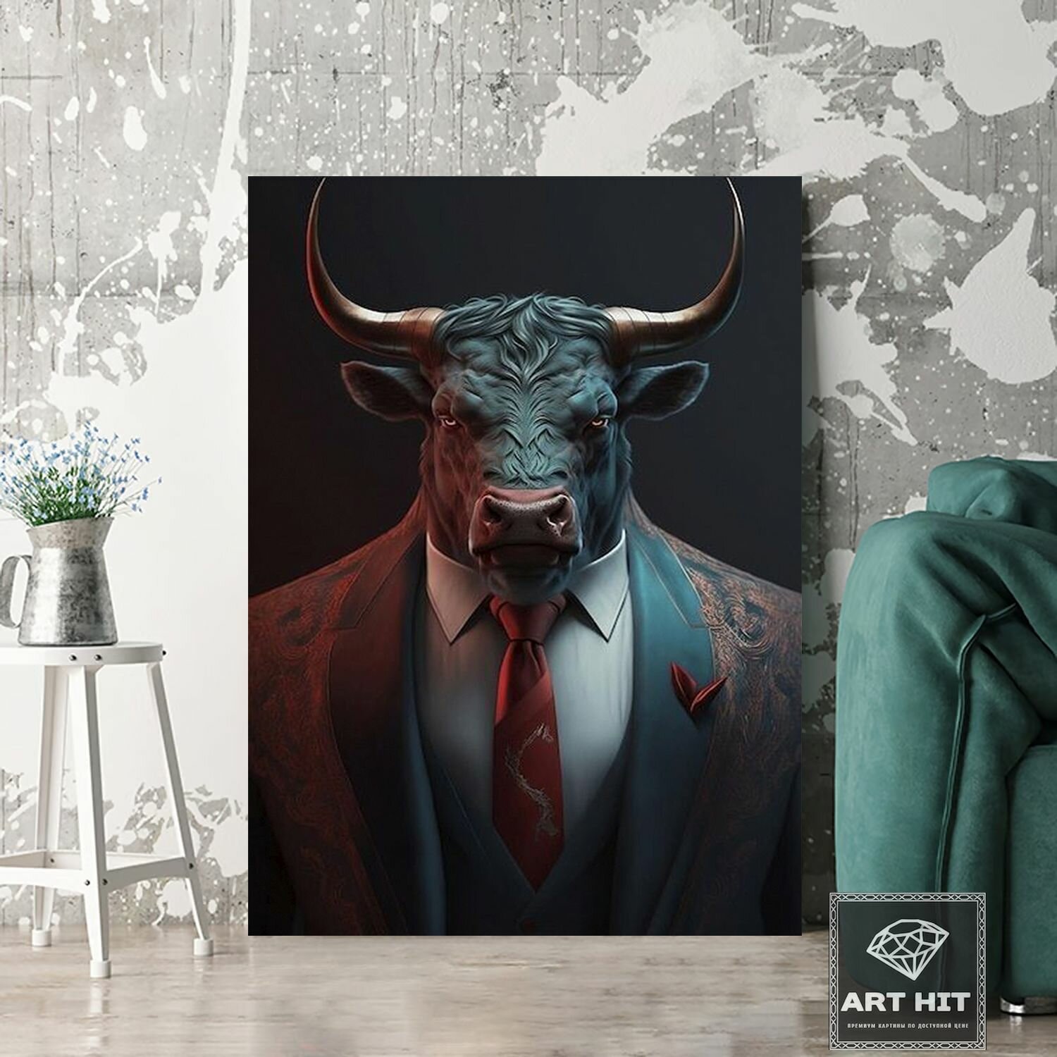 Интерьерная картина бык в костюме, 60х80 см.