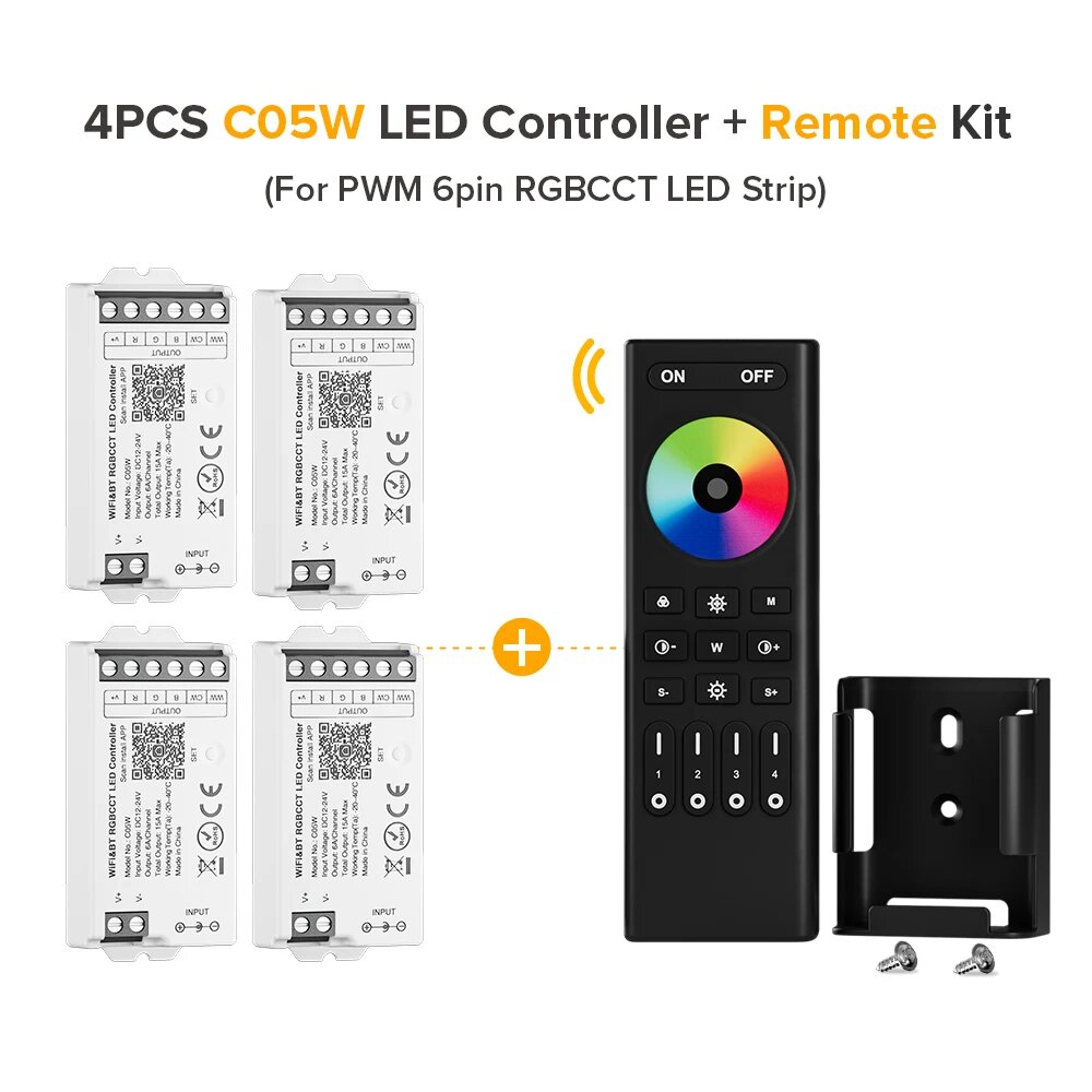 BTF-LIGHTING Контроллеры светодиодных лент Tuya Wi-Fi RGB RGBW Black Remote, 4xC05W 6pin RGBCCT