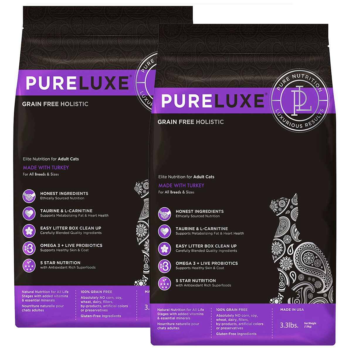 PURELUXE элитное питание беззерновой для взрослых кошек с индейкой (0,4 + 0,4 кг)