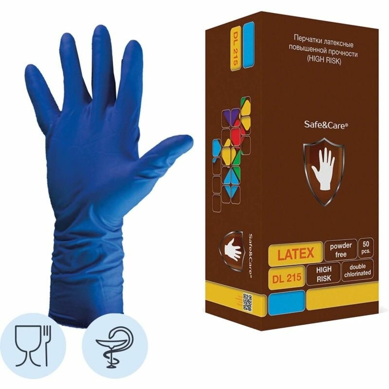 Перчатки латексные SAFE&CARE смотровые, 25 пар, 50 шт, L, большой, синие, High Risk (DL 215)