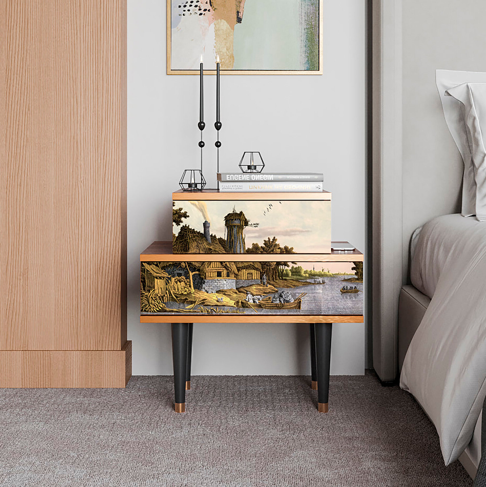 Прикроватная тумба - STORYZ - NS1 Mill along a River by Jonas Zeuner, Размер - 58 x 58 x 41 см, Цвет корпуса - , Орех