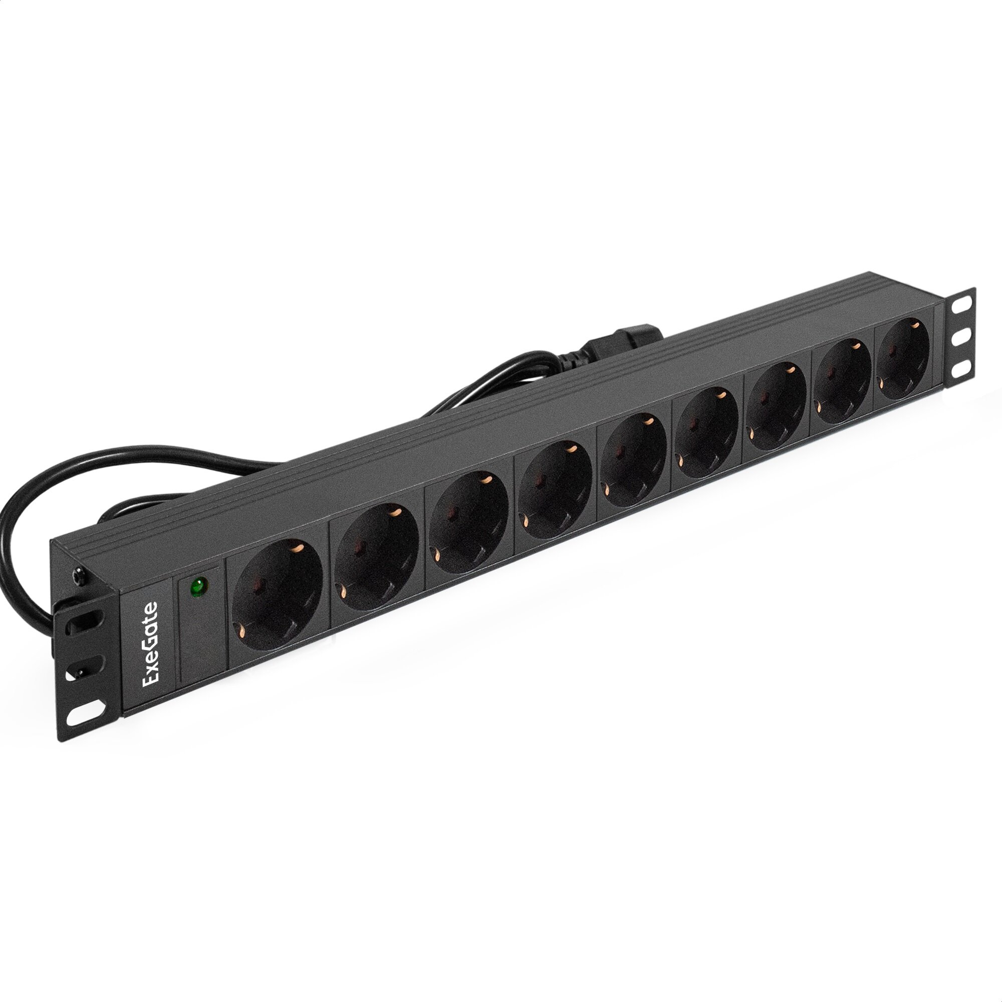 Блок розеток с кабелем с вилкой C14 ExeGate ServerPro PDU-19H906 Al-9S-C14-2.5CU (19", 1U, Алюминий, 9 Schuko, кабель с вилкой C14 VDE-250V-10A-3*1.0mm2, медь, 2.5 метра, индикатор питания, черный, RTL) EX280852RUS