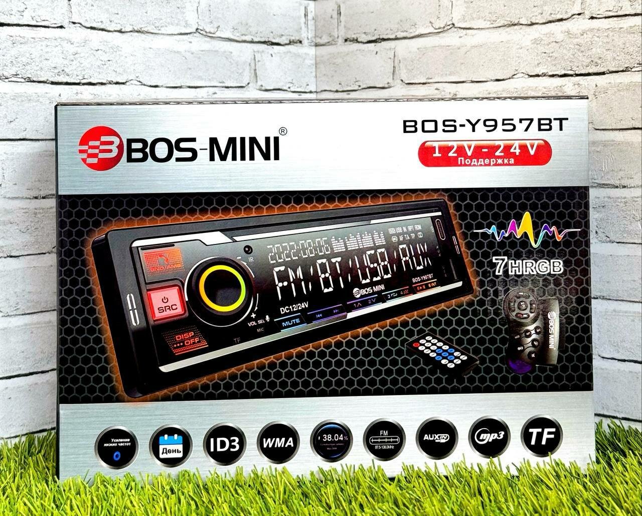 Автомагнитола BOS MINI 957 BT 12 24 В с Bluetooth USB AUX поддержка 12V и 24V, 1 DIN с Bluetooth в машину 24V / автомагнитола 12в / магнитола 24в