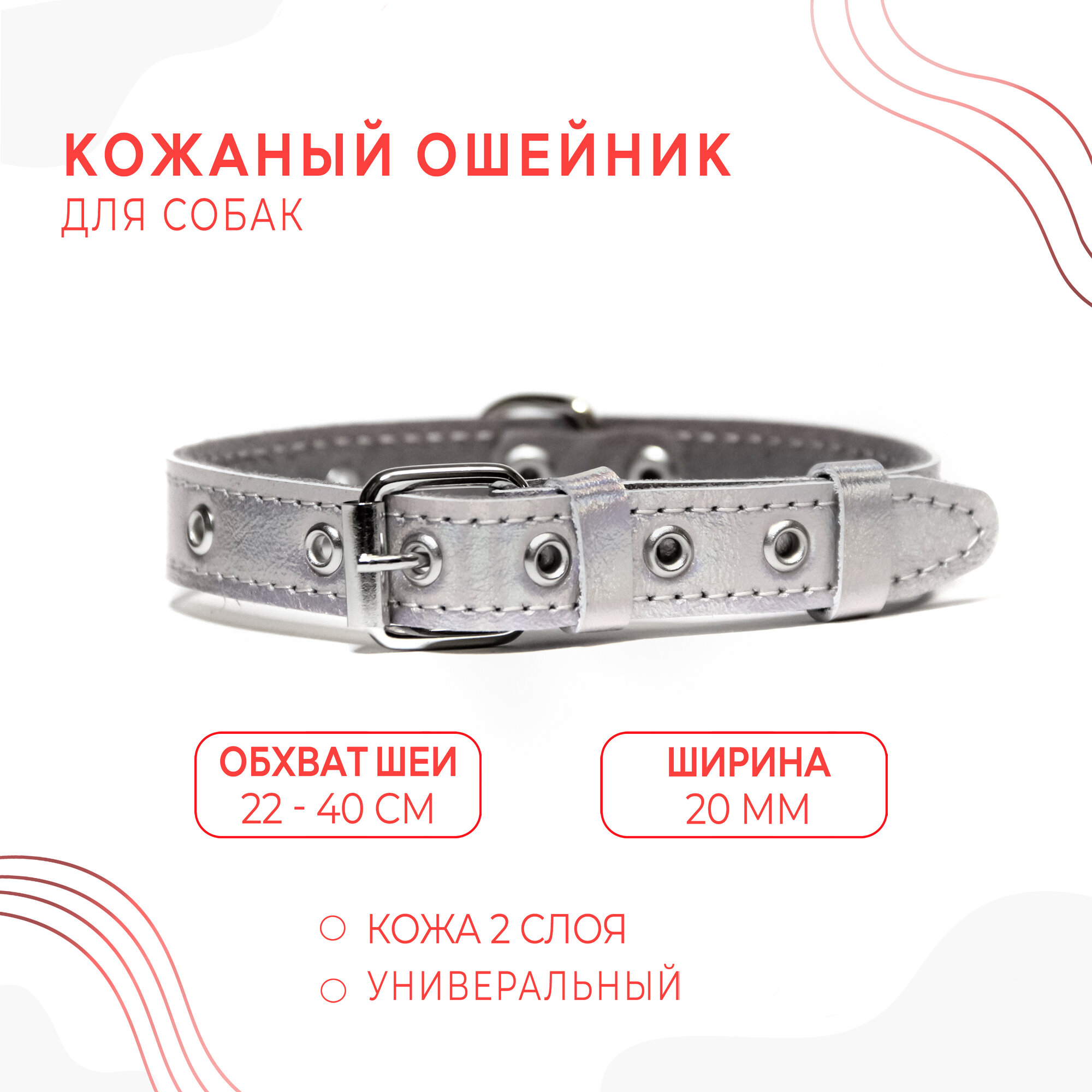 Кожаный ошейник (обхват шеи 22-40 см) для собаки, 2 слоя кожи / Серебристый