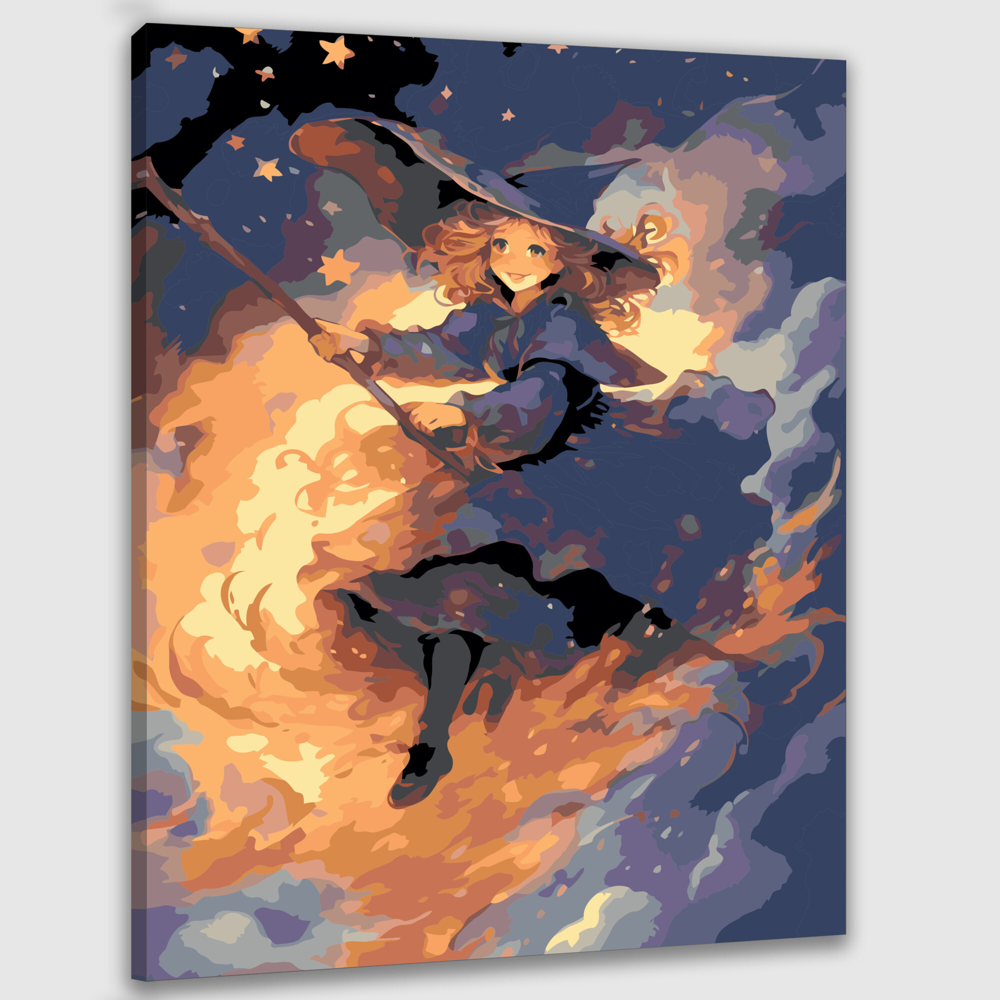 Картина по номерам 40x50 см, ведьма, акварель, иллюстрация, метла, луна, свет, небо, плащ, развевается, спина, шлейф