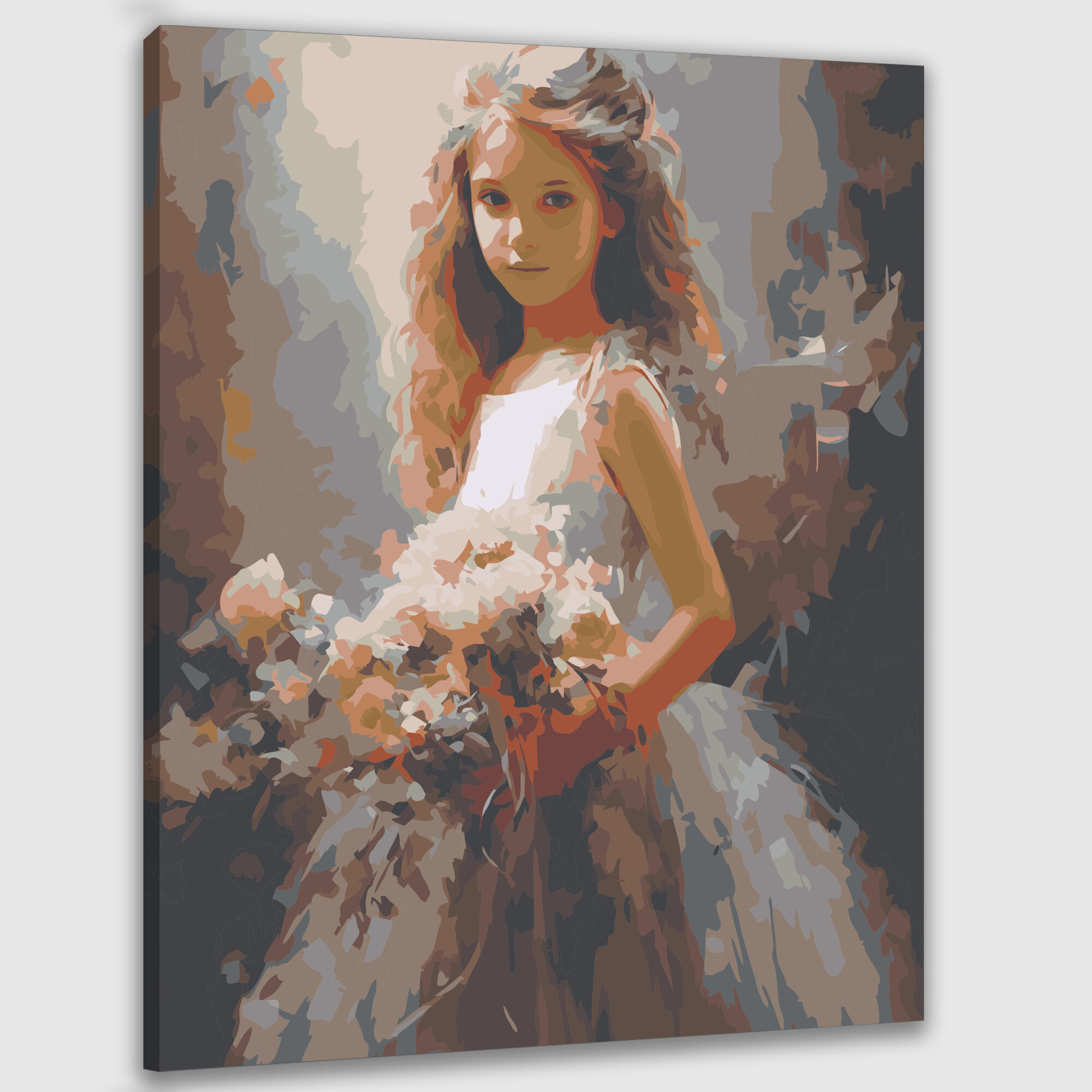 Картина по номерам 40x50 см, картина маслом, девушка, платье, цветы, лицо, глаза, свет, тени, кисть, прорисовка, грация