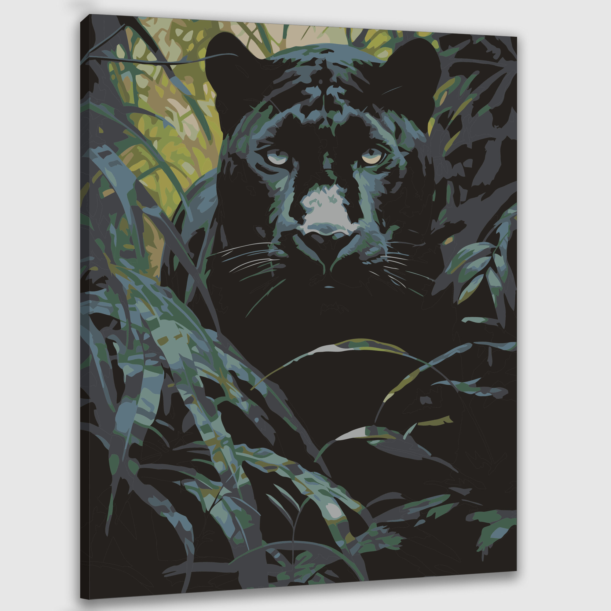Картина по номерам 40x50 см, картина маслом, черная пантера, джунгли, лунный свет, зеленые глаза, мех пантеры