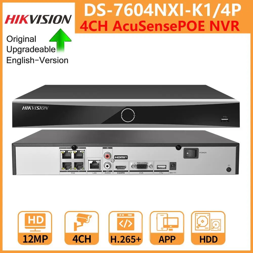 Hikvision AcuSense 4K 4CH POE NVR DS-7604NXI-K1/4P Видеорегистратор сетевого видеонаблюдения CCTV для охраны и наблюдения с распознаванием людей и транспортных средств