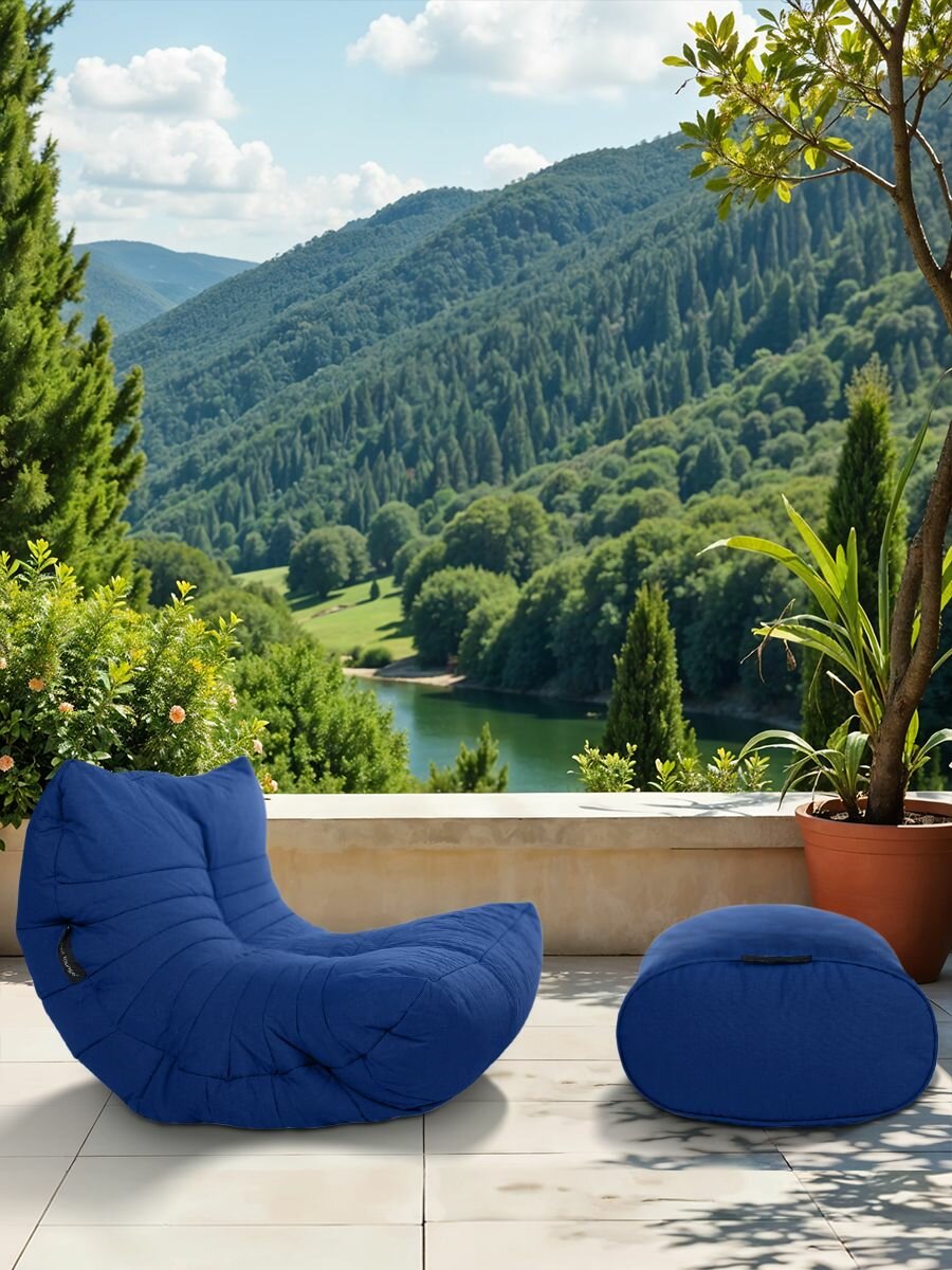 Кресло-шезлонг с оттоманкой для дачи Acoustic Lounge - Navy Sky (олефин, синий) - садовая мягкая мебель для отдыха и релакса