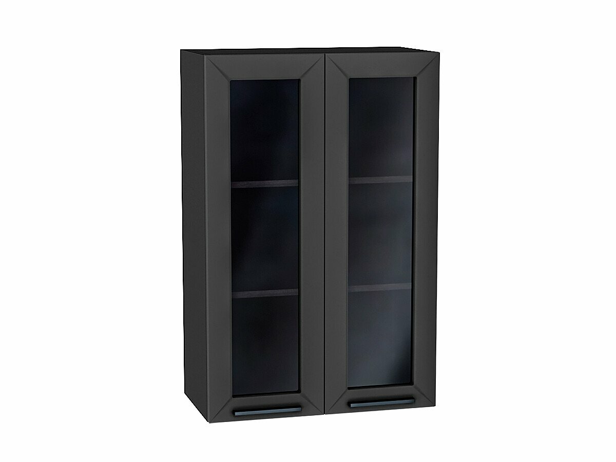 Шкаф верхний с 2-мя остекленными дверцами Глетчер, цвет фасада Маренго Силк, цвет каркаса Graphite, стекло Lacobel «Black», 920*600*318 мм