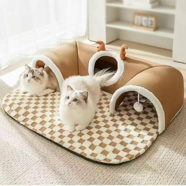 Кровать для домашних животных Oqqi, мягкая, с игрушкой, бежевая