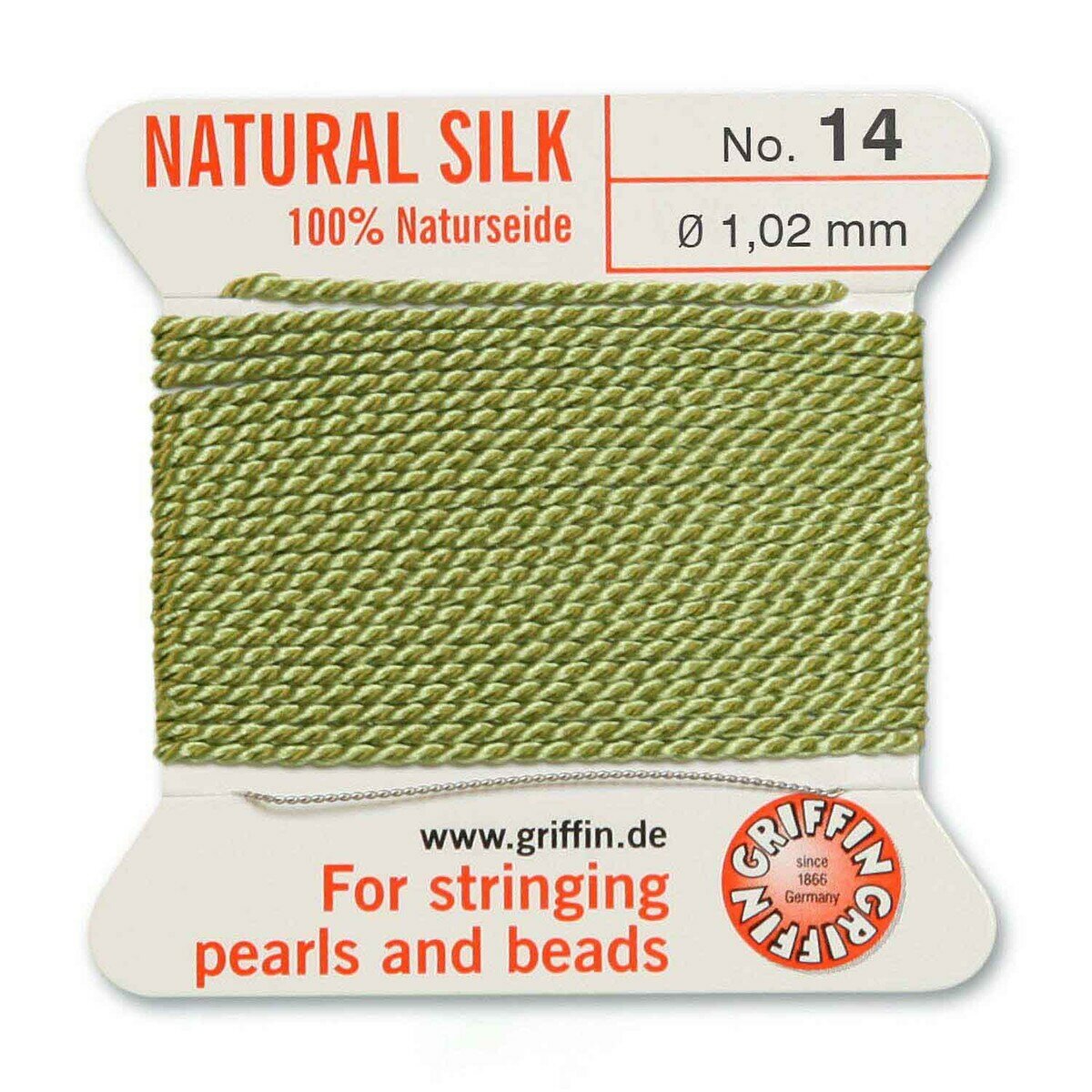 Нить шелковая, Griffin No.14 (1.02мм), светло-зелёная, с иглой, моток, 2 метра