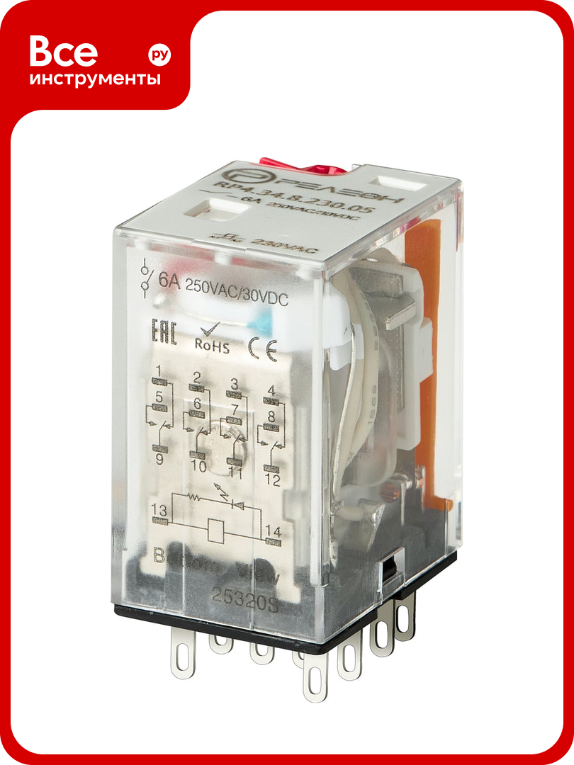 Промежуточное реле релеон 4 CO, конт. 6А; 36В AC, блокируемая кнопка проверки + LED RP434803605, 6 А, 36 В