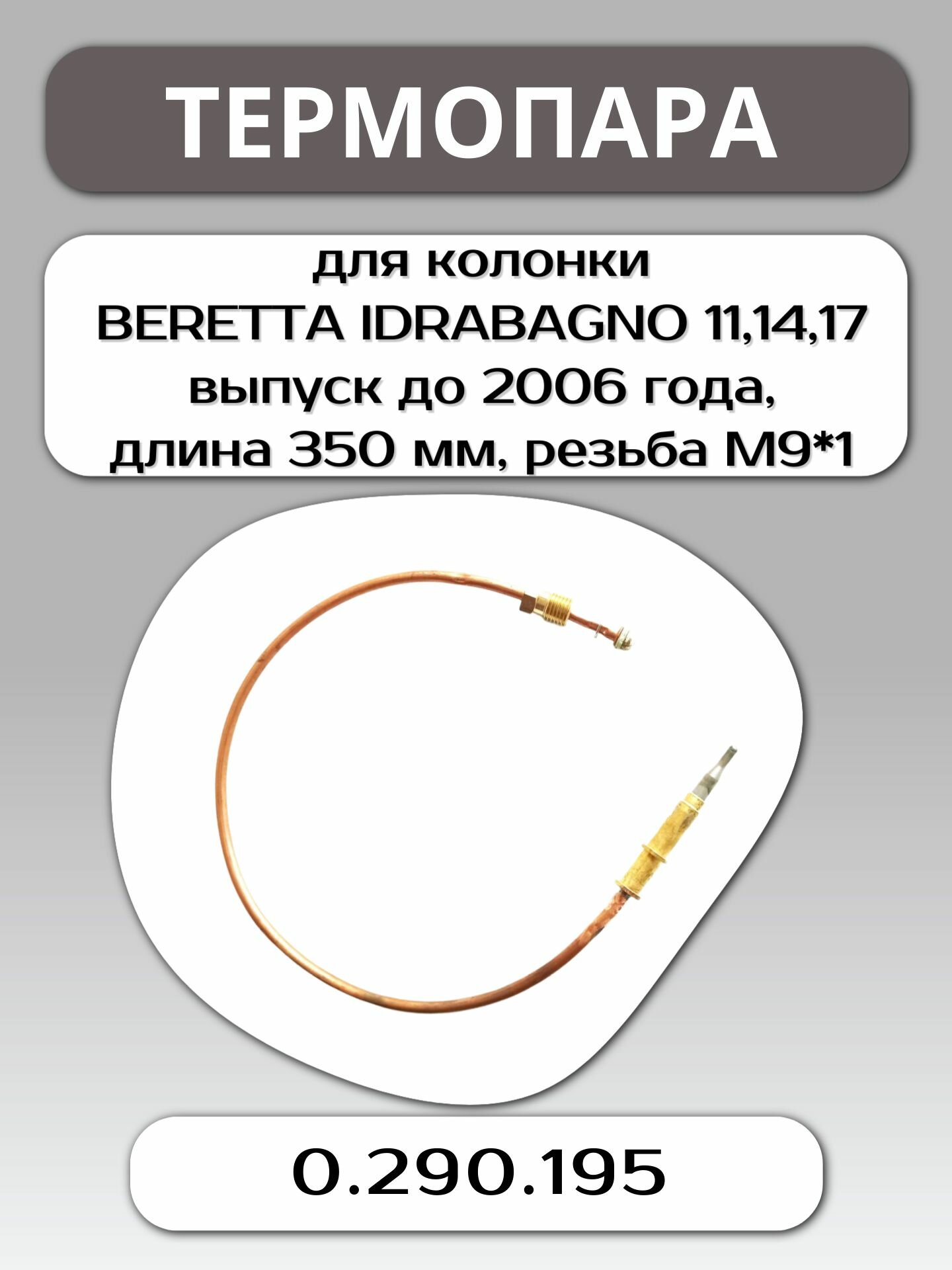Термопара для колонки BERETTA IDRABAGNO 11,14,17 выпуск до 2006 года, длина 350 мм, резьба М9*1, 0.290.195