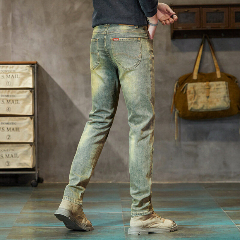 JYL Чисто хлопковые ретро-синяя джинсы мужские весенне-осенние прямые повседневные осенние новинки оранжево-коричневые