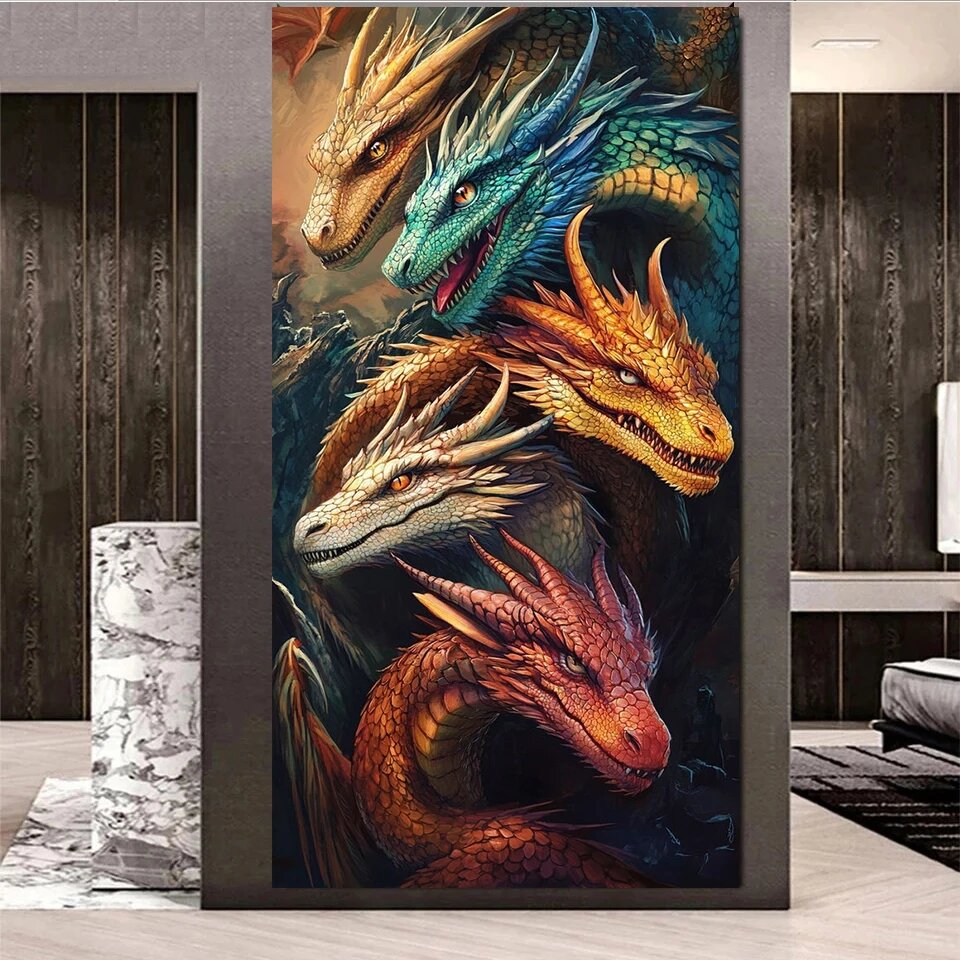 Алмазная живопись «Пять голов дракона» round 50x100cm