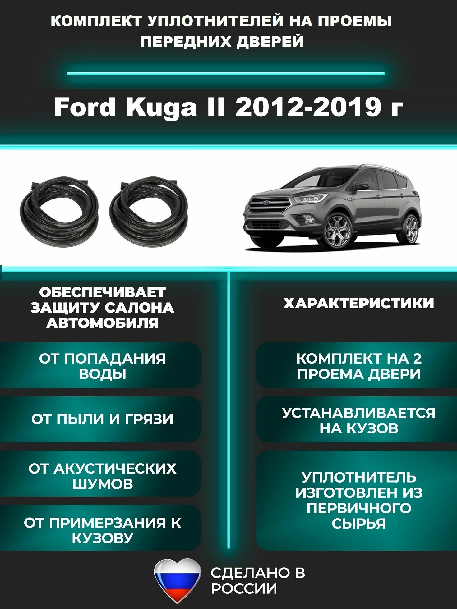 Комплект уплотнителей проема передних дверей, подходит на Ford Kuga II 2012-2019 г / Форд Куга 2 поколение - 2 шт