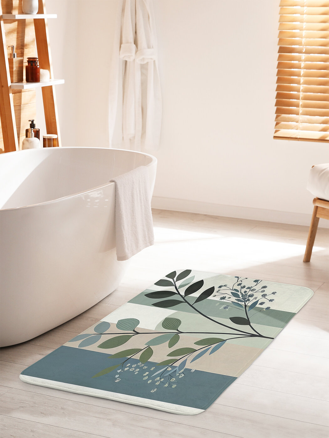 Коврик для ванной комнаты и туалета противоскользящий "Листочки на полосатом фоне" 60х100 см, JoyArty