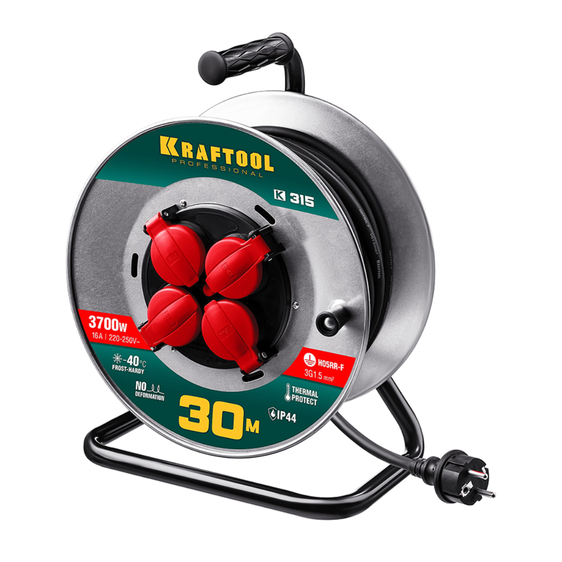 Силовой удлинитель Kraftool К-315 (55085-30z01) 30 м, 3700 Вт, КГ 3 x 1.5 кв. мм, IP44, 4 розетки, красный