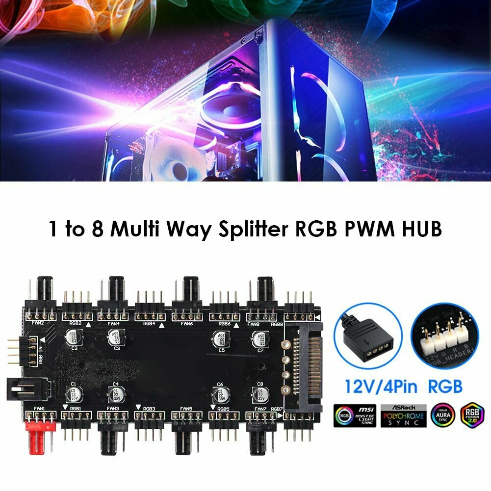 RGB- и вентиляторный хаб 12 В с 8 портами PWM и 8 портами ARGB