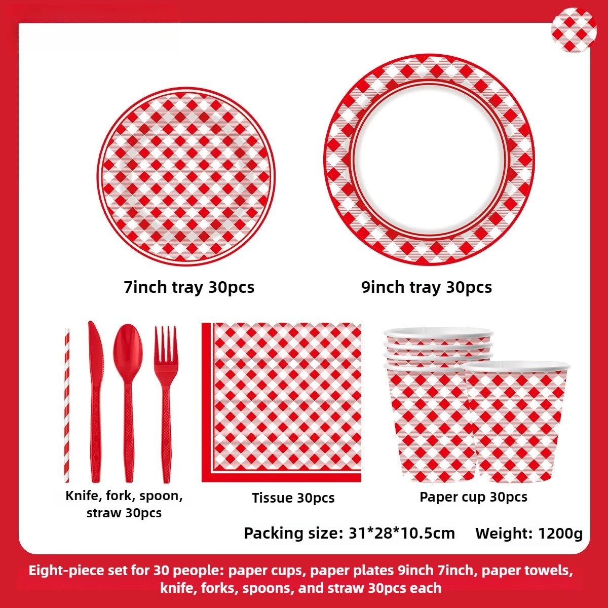 Одноразовый набор бумажной посуды в красную клетку 240 шт 30 person set 240pcs