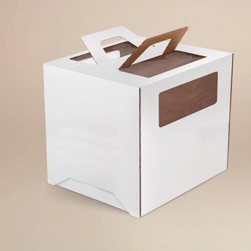 Коробка для торта на 1 кг с ручкой и окном Белая 22х22х24 см, 2 шт.
