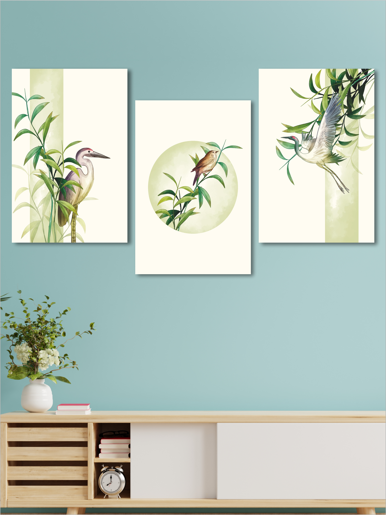 Модульная картина для интерьера на стену природа. Птицы журавли в зеленых листьях 40х60 см - 3 штук на холсте на подрамнике