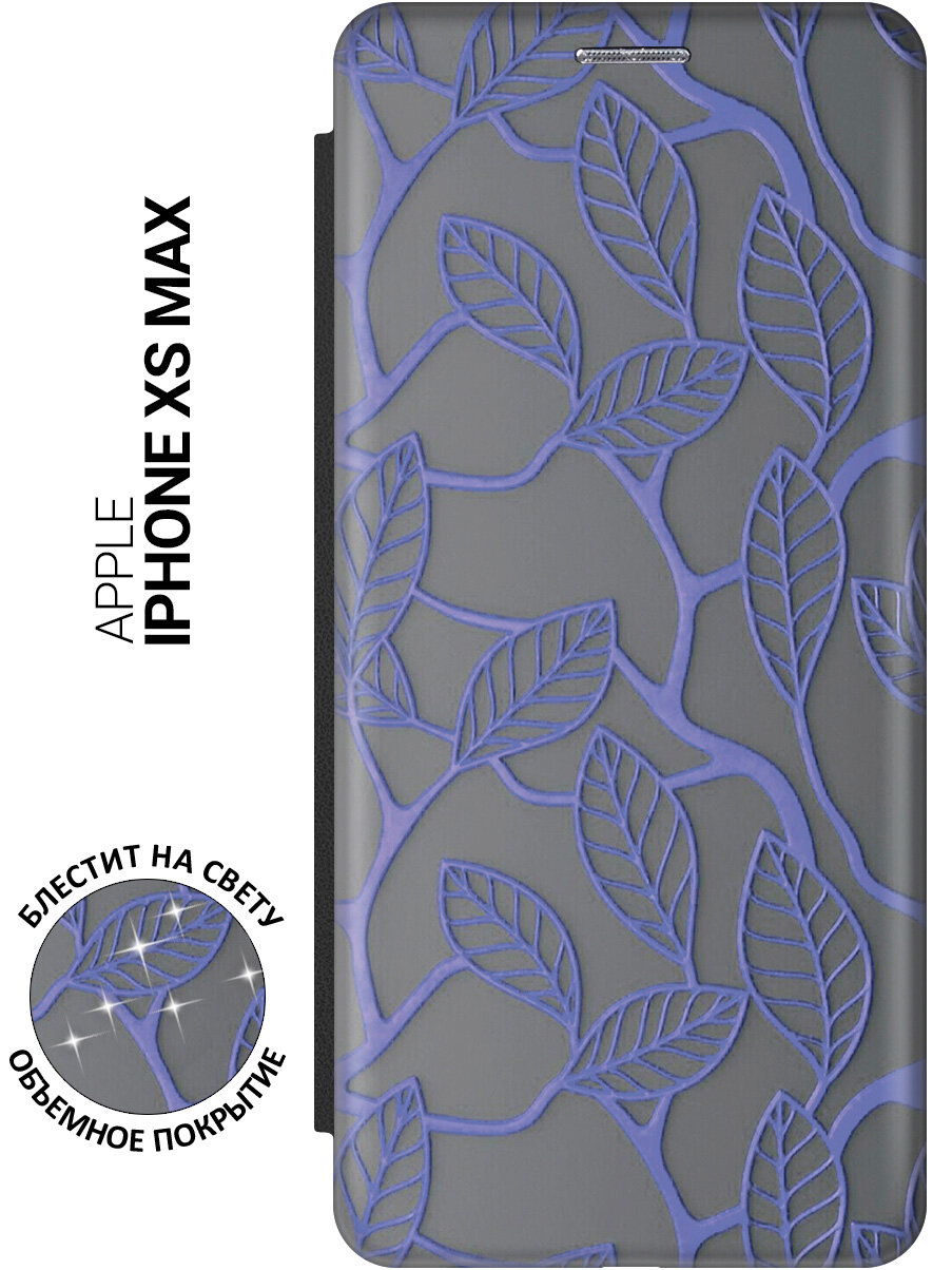 Чехол-книжка на Apple iPhone XS Max / Эпл Айфон Икс Эс Макс с рисунком "Фиолетовые листья" черный