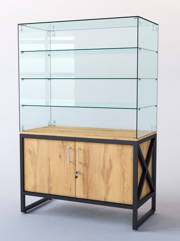 Витрина стеклянная "лофт стиль" островная №221 (без дверок, фасад-стекло), Дуб Золотистый U1148