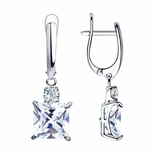 Серьги с подвесками, серебро, 925 проба, родирование, фианит